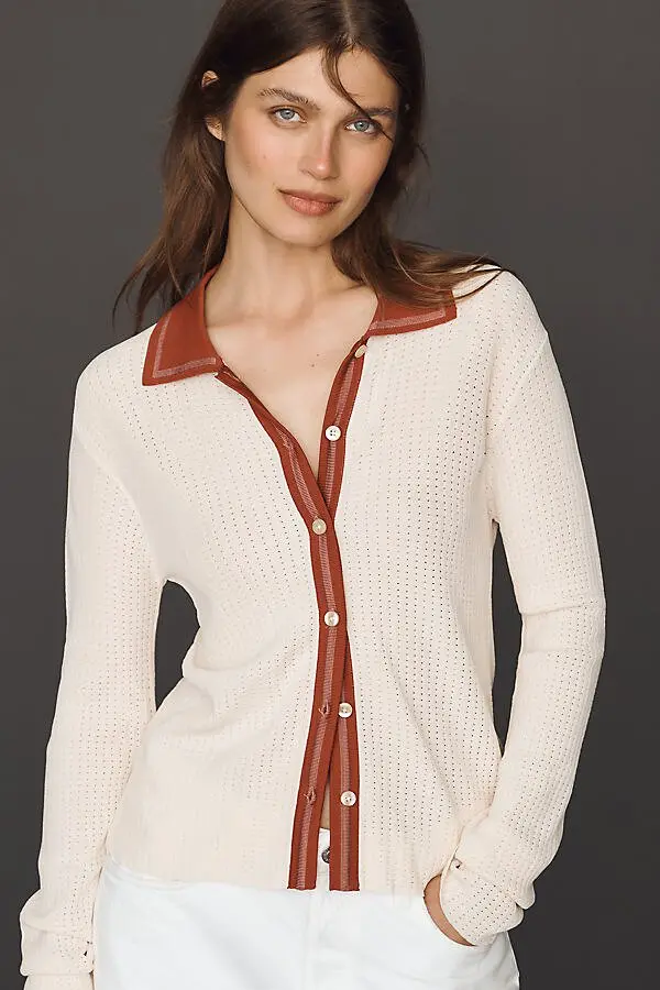 Scotch & Soda Pointelle Knit Cardigan With Contrast Collar - Eggnog