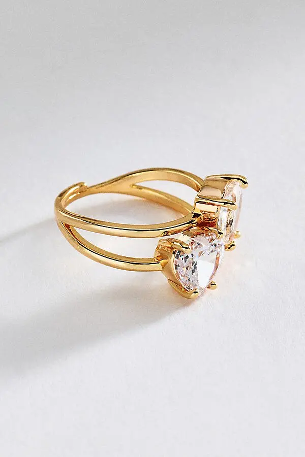 Anthropologie Double Heart Ring - Clear/gold