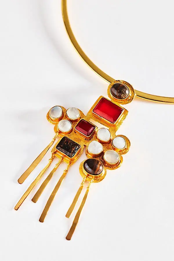 BOHÈME BY VÉRO 18k -plated Recycled Brass Nefertiti Drop Necklace With Carnelian, Bronzite, And Moonstone