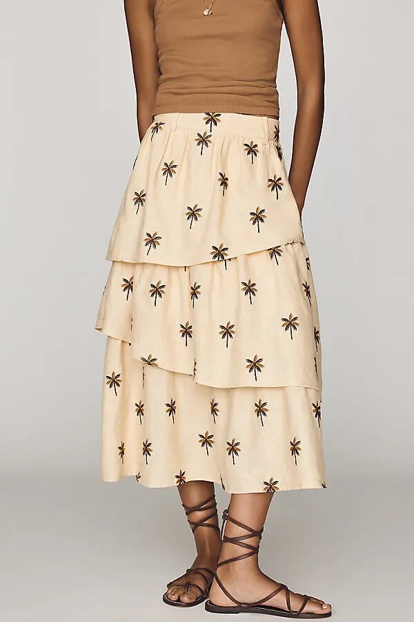 Farm Rio Embroidered Linen Blend Midi Skirt