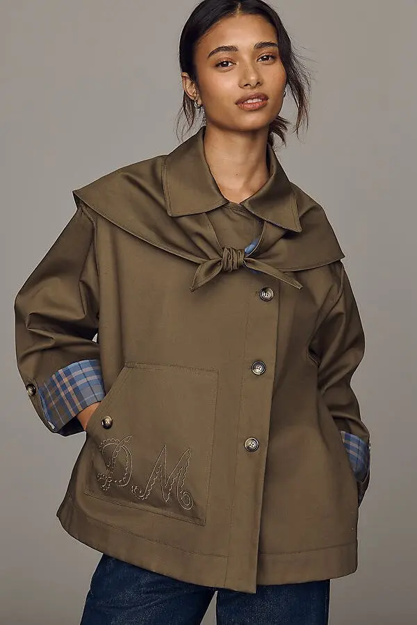 DAMSON MADDER Jerry Cotton Cropped Trench Coat Jacket - Olive