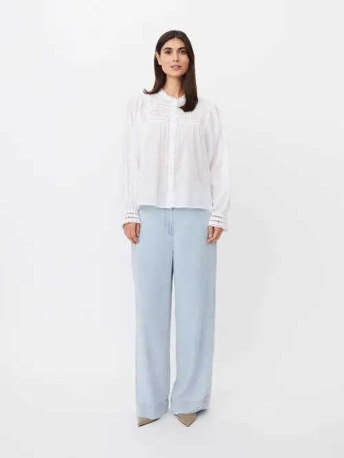 MASAI COPENHAGEN Mandarin Collar Cotton Blouse With Lace And Ruffle Details