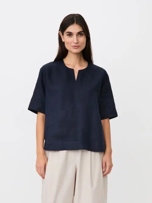 MASAI COPENHAGEN Linen Tunic Top With Short Sleeves And Pocket - Navy