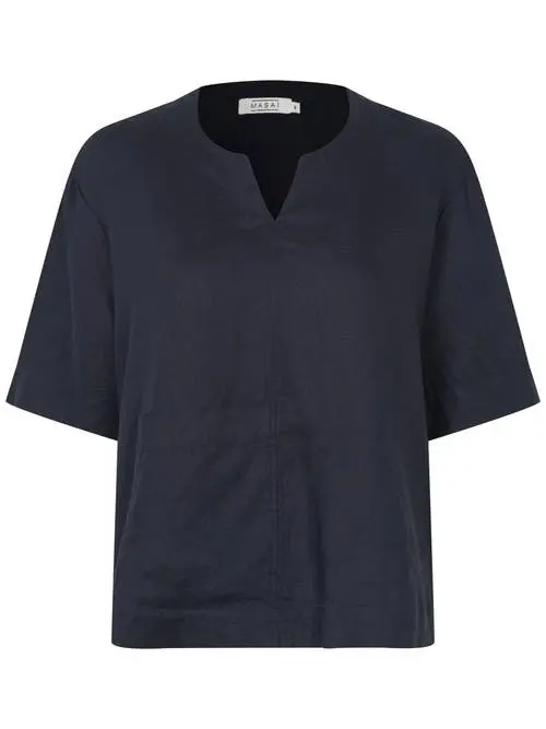 MASAI COPENHAGEN Linen Tunic Top With Short Sleeves And Pocket - Navy