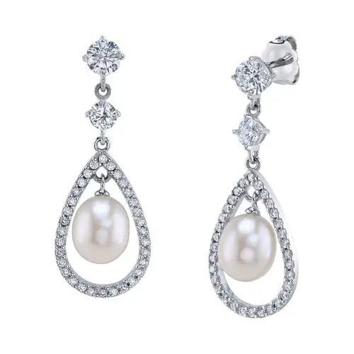 The Pearl Source White Freshwater Pearl Dazzle Earrings - Sterling Silver