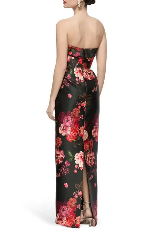 Alfred Sung Floral Strapless Satin Column Gown