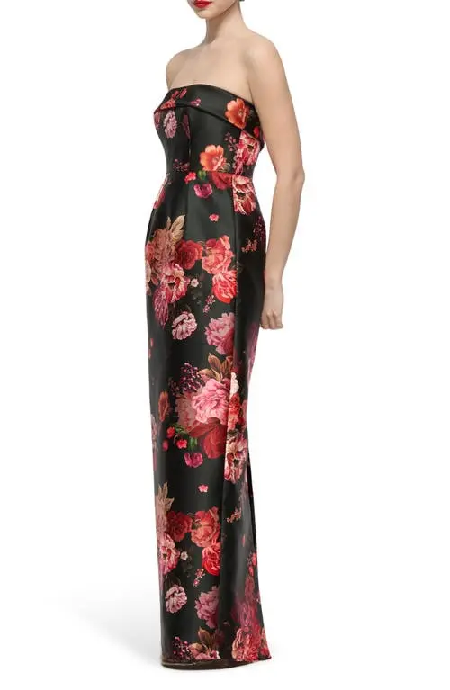 Alfred Sung Floral Strapless Satin Column Gown