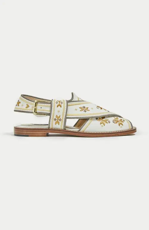 ÇAPLAIT Handcrafted Peshawari Sandals With Geometric Embroidery - White-gold