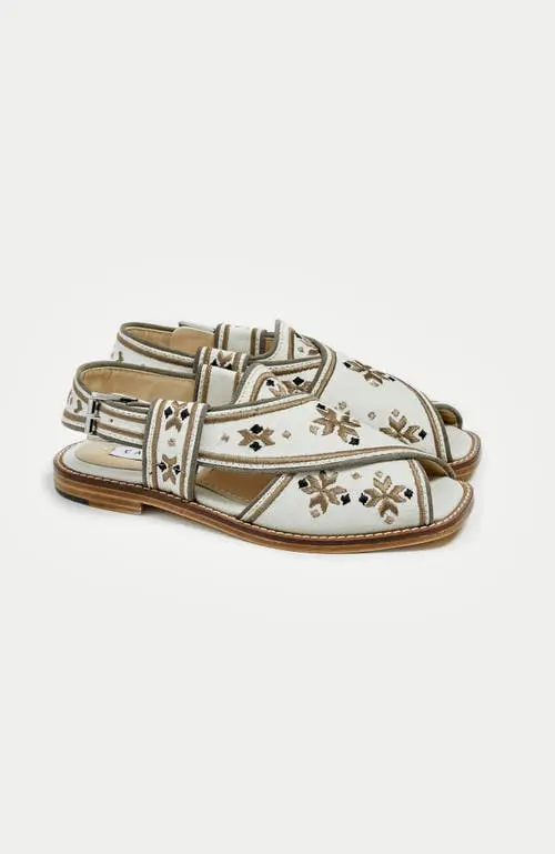 ÇAPLAIT Handcrafted Peshawari Sandals With Geometric Embroidery - White-grey