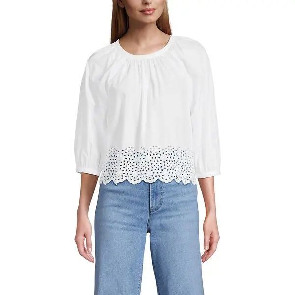LANDS' END Gathered Eyelet Top With Scoop Neckline - White