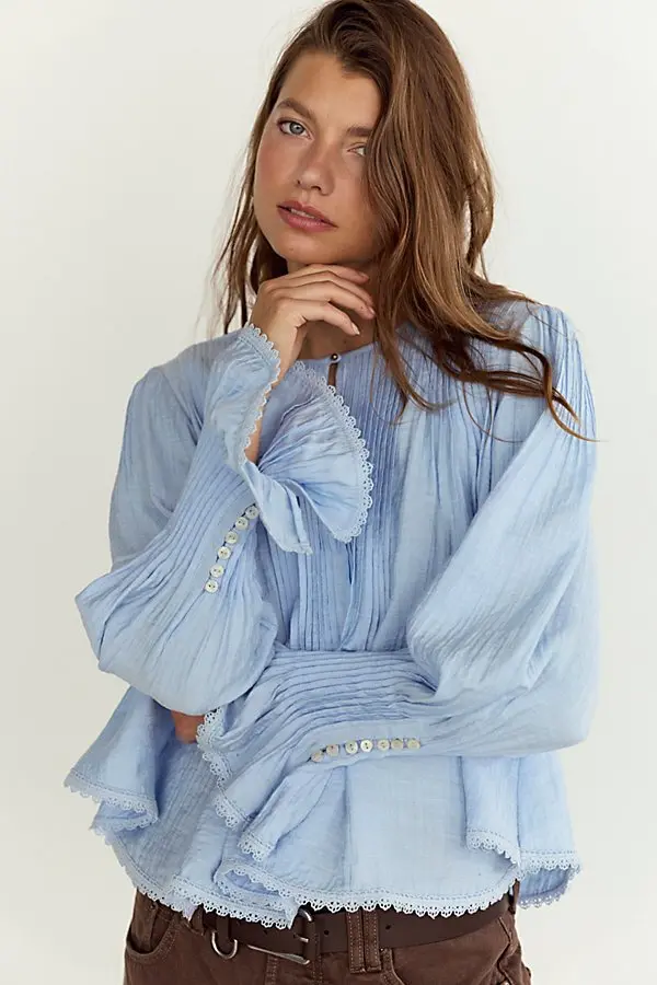 Free People Thousand Pintucks Blouse - Soft Blue