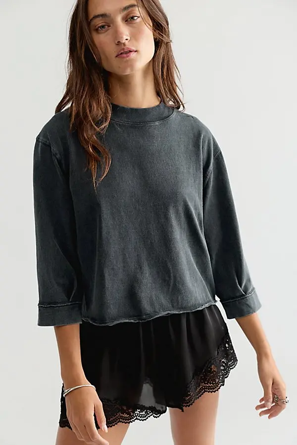 Free People We The Free Gracie Cropped Crew Neck Top - Washed Black