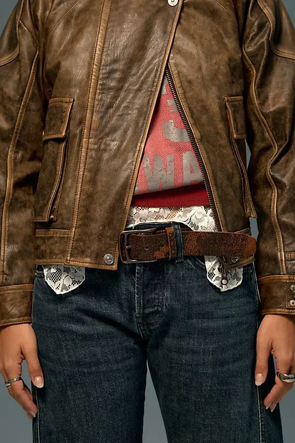 Free People We The Free Distressed Leather Belt With Metal Buckle - Black