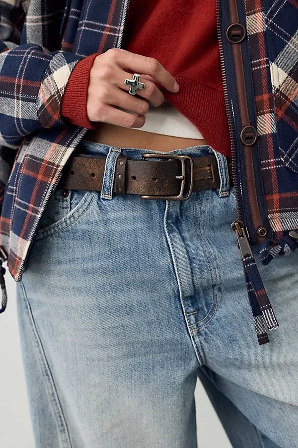 Free People We The Free Distressed Leather Belt With Metal Buckle - Black