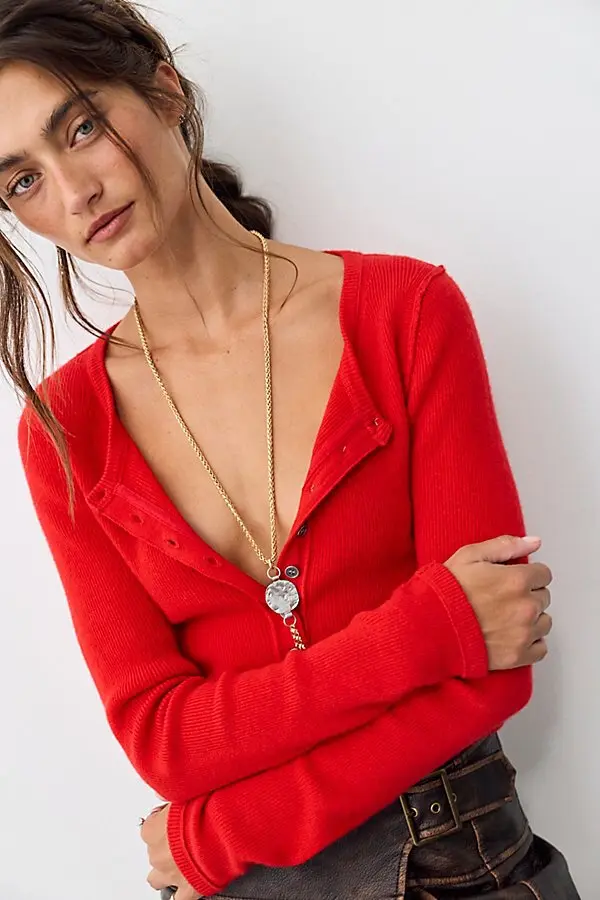 Free People We The Free Hudson Solid Cashmere Henley - Lollipop