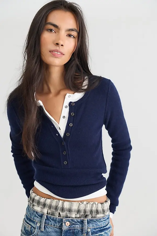 Free People We The Free Hudson Solid Cashmere Henley - Shark