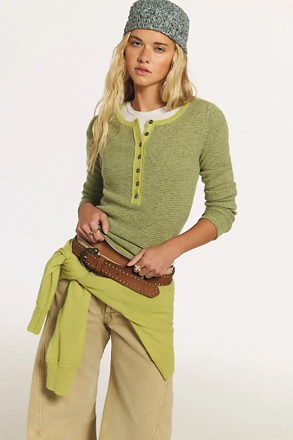 Free People We The Free Hudson Striped Cashmere Henley - Citron Combo