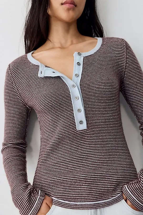 Free People We The Free Hudson Striped Cashmere Henley - Pale Blue Combo
