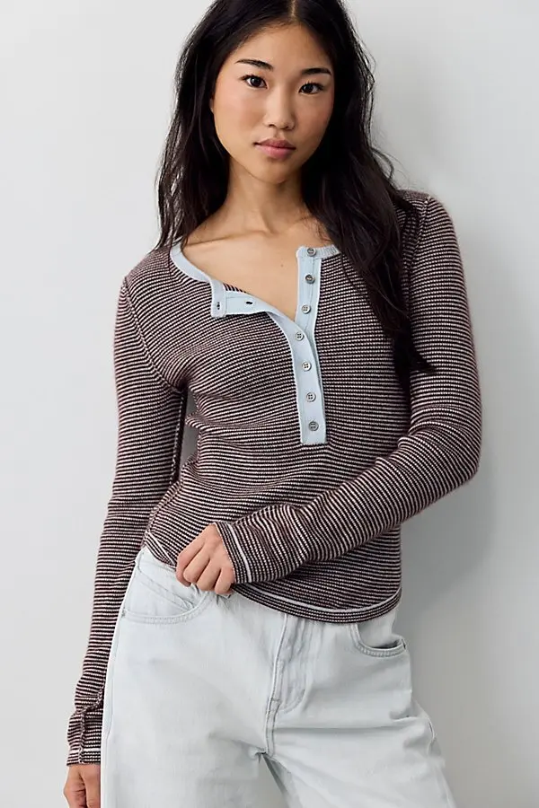 Free People We The Free Hudson Striped Cashmere Henley - Pale Blue Combo