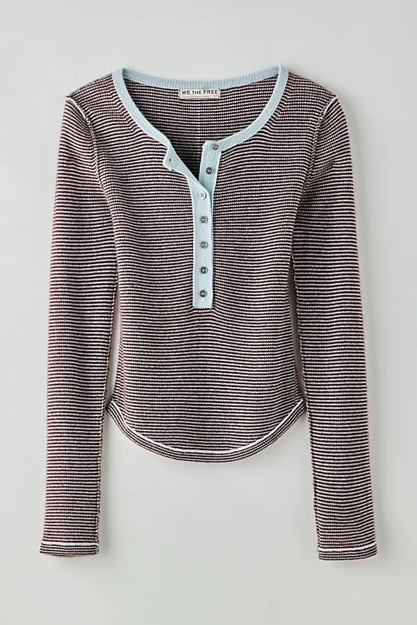 Free People We The Free Hudson Striped Cashmere Henley - Pale Blue Combo
