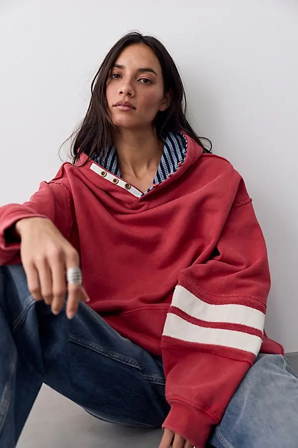 Free People We The Free Field Day Hoodie With Distressed Details - Red Combo