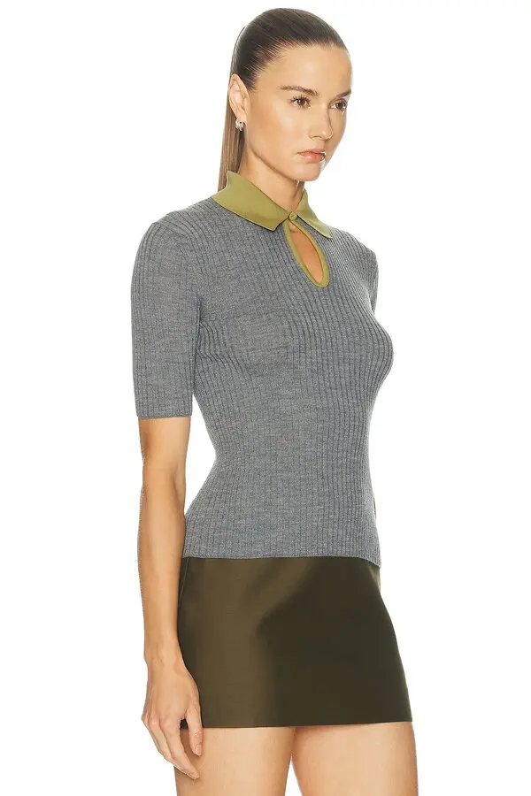 JIL SANDER Short Sleeve Ribbed Knit Polo Sweater With Cutout Detail - Pebble