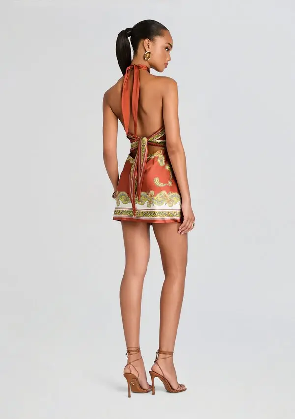 Retrofete Adelaide Silk Halterneck Mini Dress - Rust Paisley