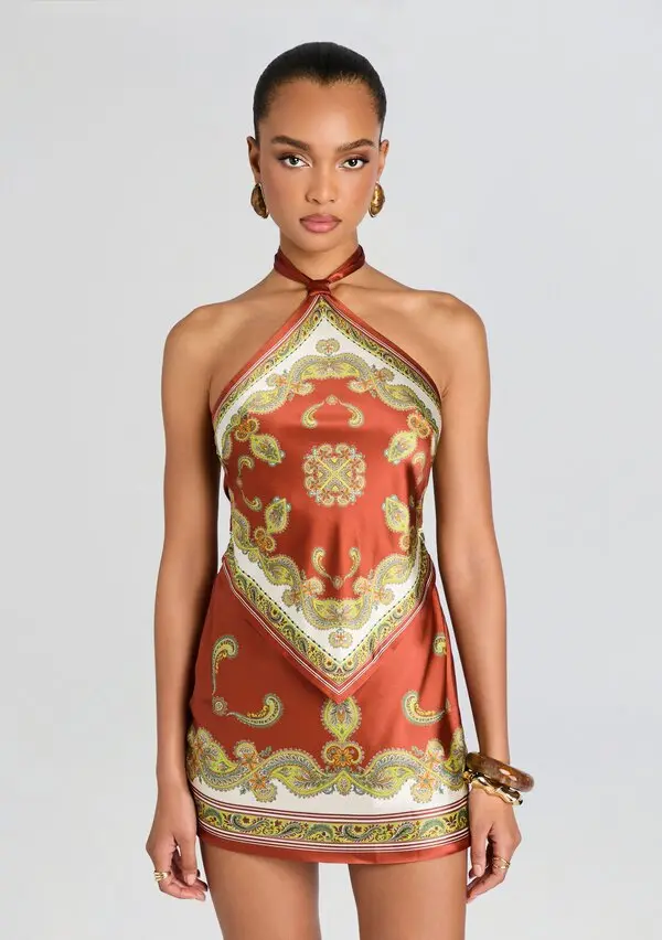 Retrofete Adelaide Silk Halterneck Mini Dress - Rust Paisley