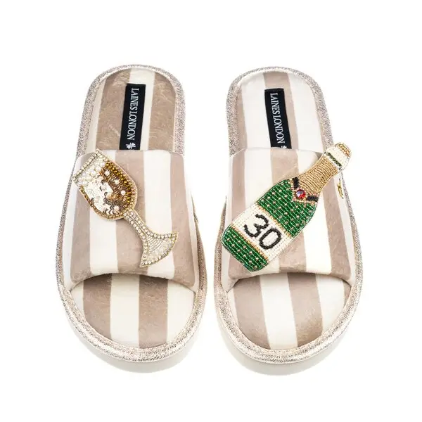 LAINES LONDON Neutrals / Flatform Stripe Open Toe Slippers With Champagne 30th Birthday Brooches Beige & Cream - White