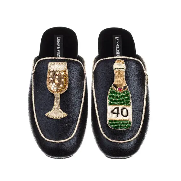 LAINES LONDON Black / Gold Classic Mules With Milestone 40th Birthday Champagne Brooches Black & Gold - Black/gold