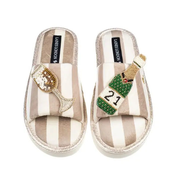 LAINES LONDON Neutrals / Flatform Stripe Open Toe Slippers With Champagne 21st Birthday Brooches Beige & Cream - White