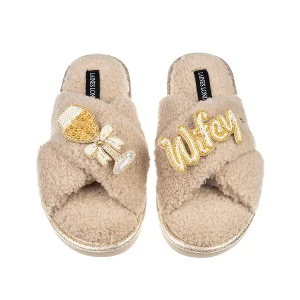 LAINES LONDON Embellished Boucle Slippers - Brown/gold