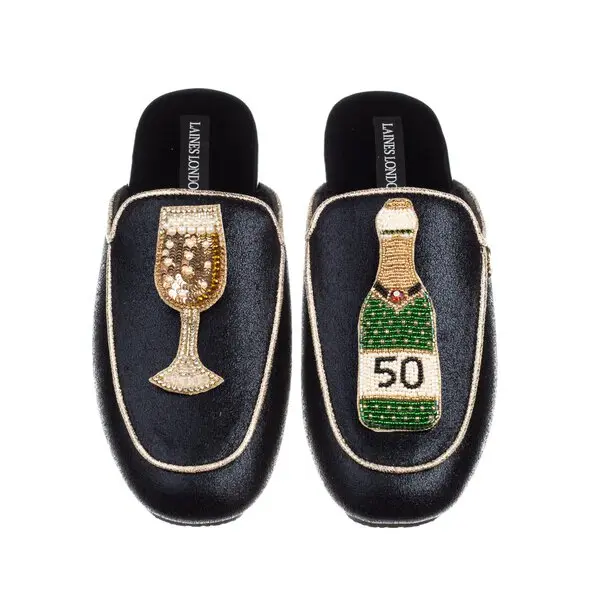 LAINES LONDON Embellished Classic Mules With Champagne Brooches - Black/gold