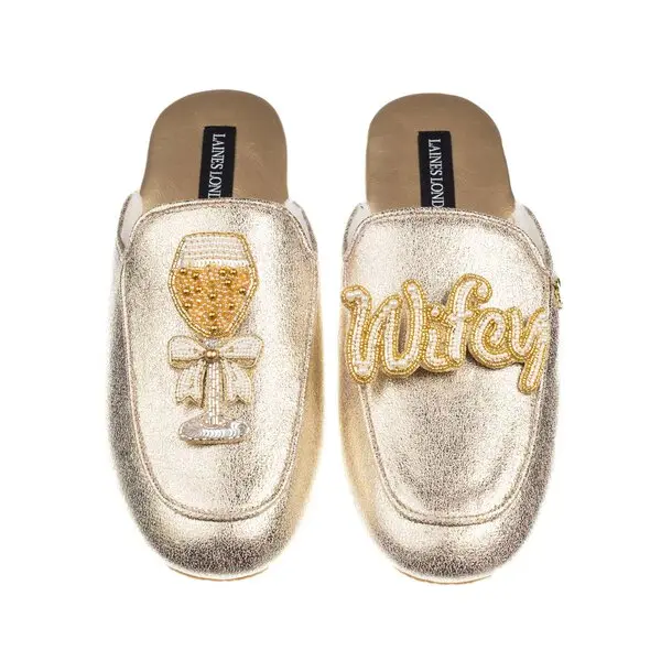 LAINES LONDON Classic Mules With Wifey & Champagne Glass Brooches - Gold