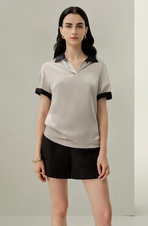 Lilysilk Washable Silk Charmeuse Polo Top - Silvergray
