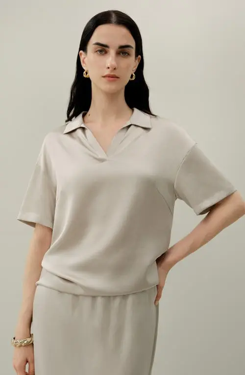 Lilysilk Washable Silk Charmeuse Polo Top - Silvergray