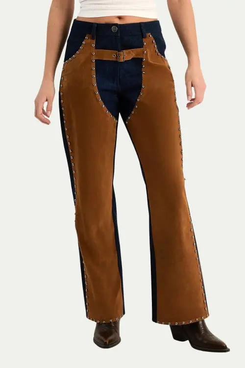 Nasty Gal Denim Studded Suedette Mix Chap Jean