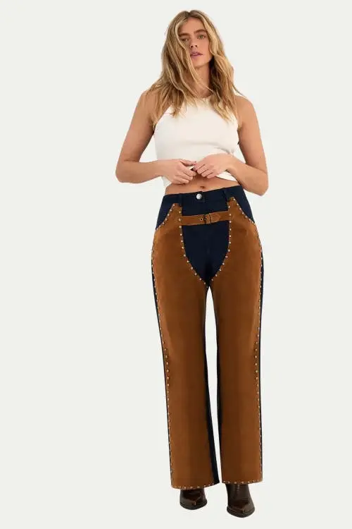 Nasty Gal Denim Studded Suedette Mix Chap Jean