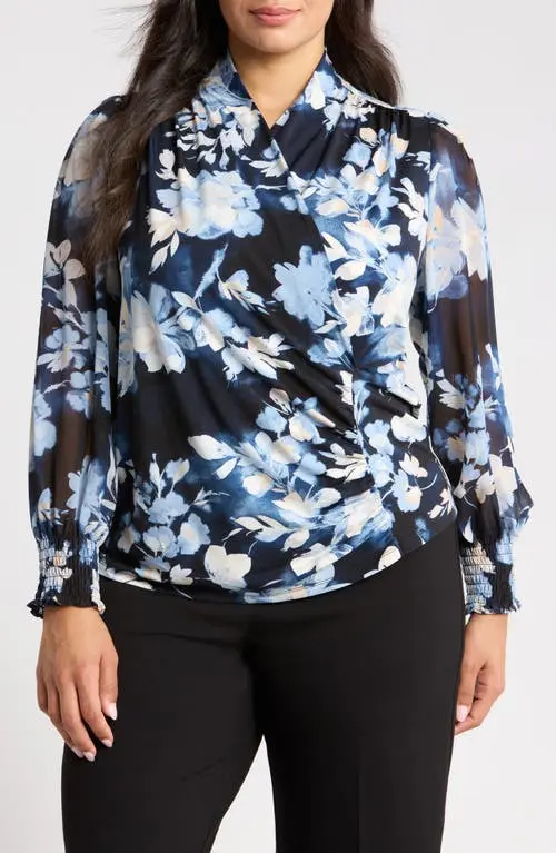 Anne Klein Floral Mixed Media Faux Wrap Blouse - Dutch Blue Multi