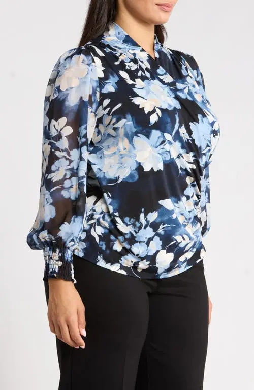 Anne Klein Floral Mixed Media Faux Wrap Blouse