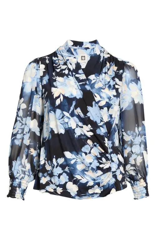 Anne Klein Floral Mixed Media Faux Wrap Blouse