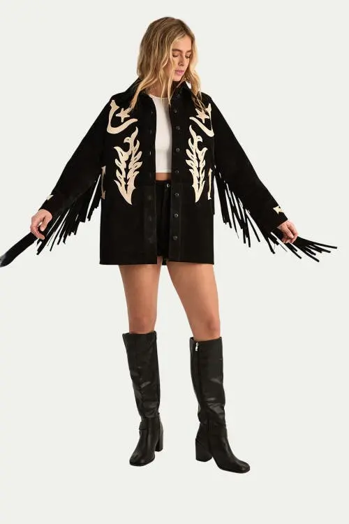 Nasty Gal Real Suede Embroidered Western Shirt - Black