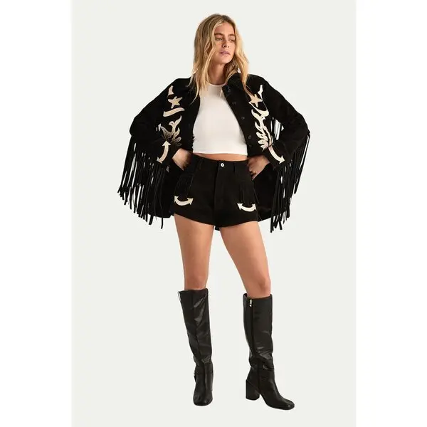 Nasty Gal Real Suede Western Embroidered Shorts - Black