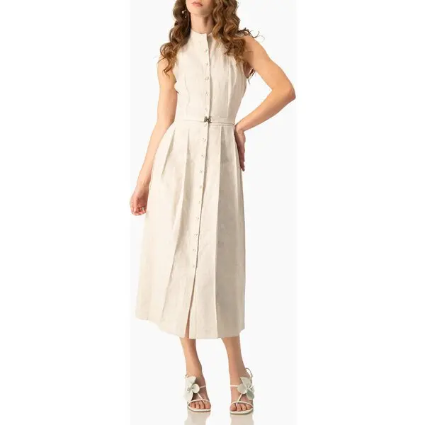 IVONNE Linen Belted Midi Shirtdress With Band Collar