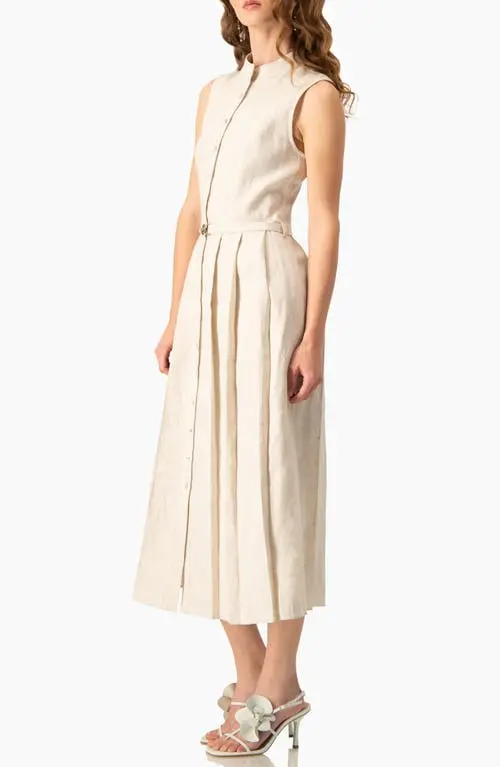 IVONNE Linen Belted Midi Shirtdress With Band Collar