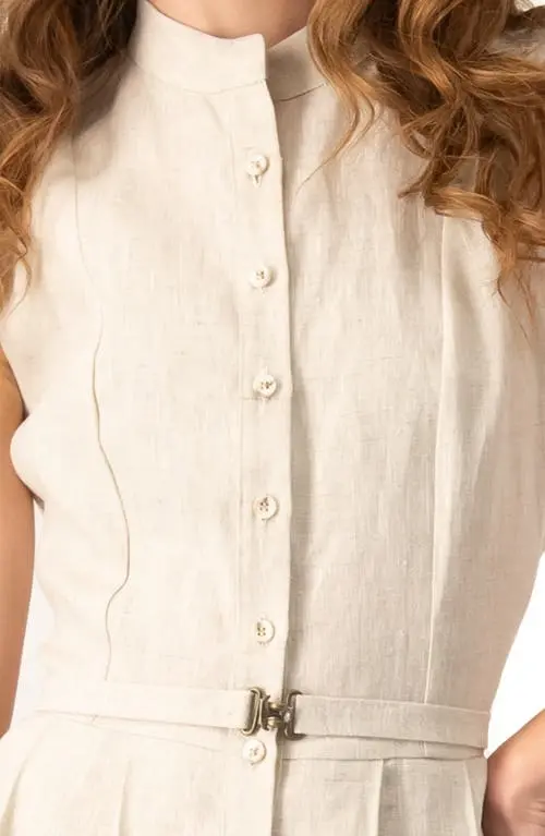 IVONNE Linen Belted Midi Shirtdress With Band Collar
