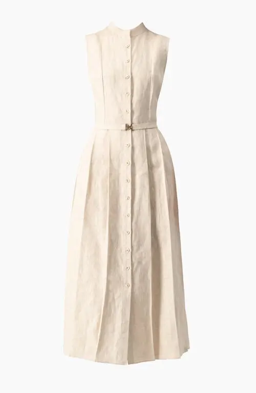IVONNE Linen Belted Midi Shirtdress With Band Collar
