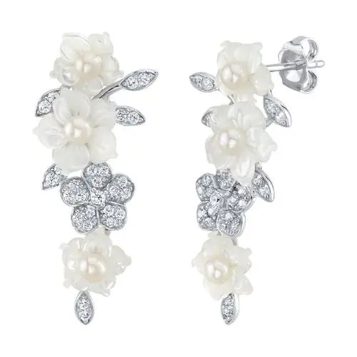 The Pearl Source White Freshwater Pearl & Mother Of Pearl Flower Magnolia Earrings - Sterling Silver