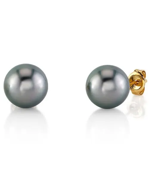 The Pearl Source Tahitian South Sea Silver Round Pearl Stud Earrings - White Gold