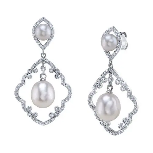 The Pearl Source White Freshwater Pearl Elite Earrings With Cubic Zirconia - Sterling Silver